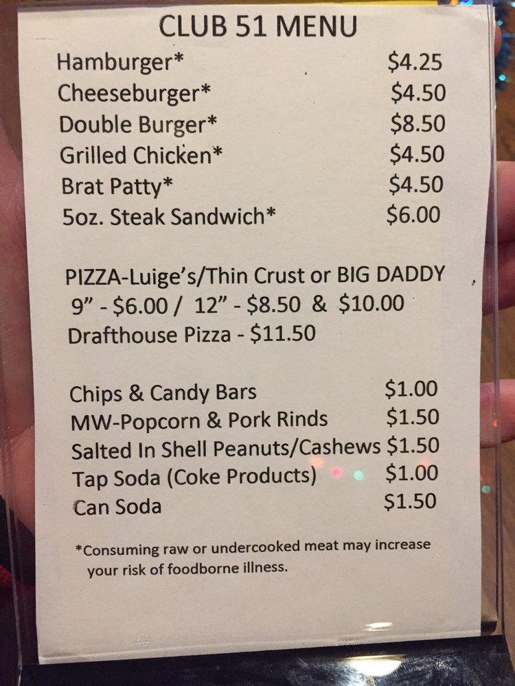 Menu at Club 51, DeForest