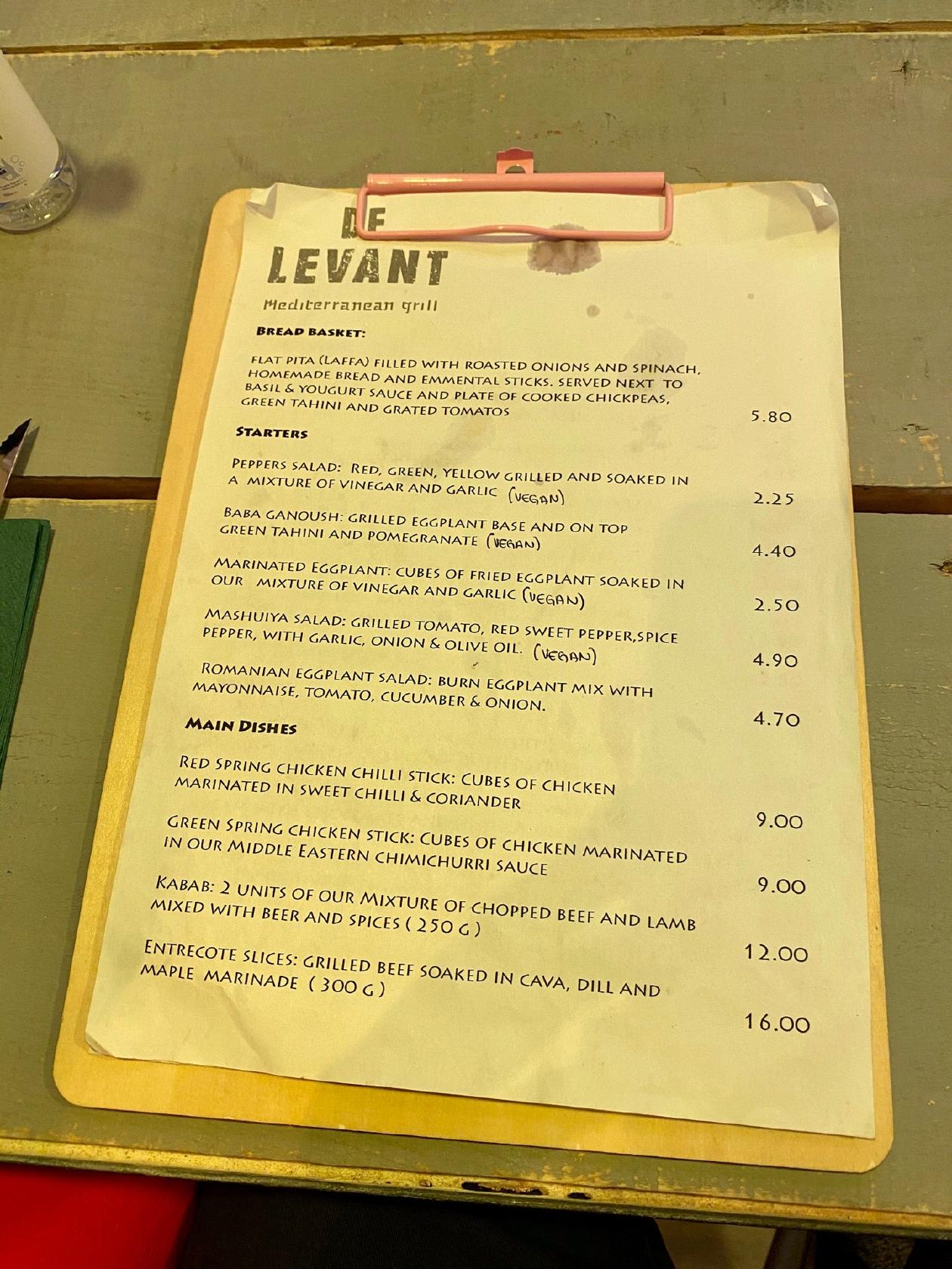 Menu at De Levant pub & bar, Lisbon