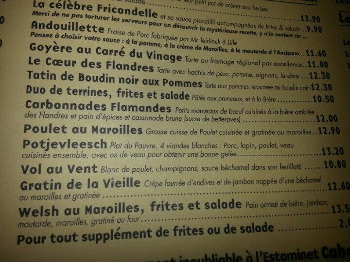 Menu au Estaminet Au Vieux De La Vieille restaurant, Lille