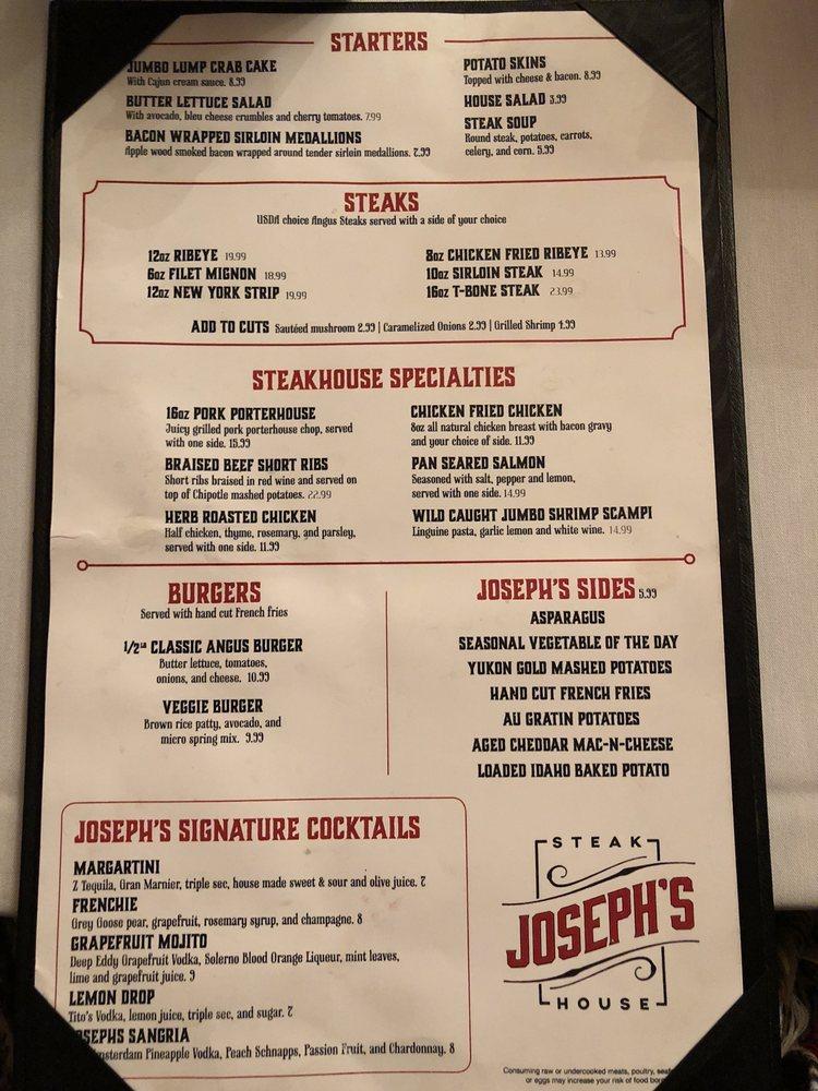 Menu at Joseph's Steak House steakhouse, Elgin