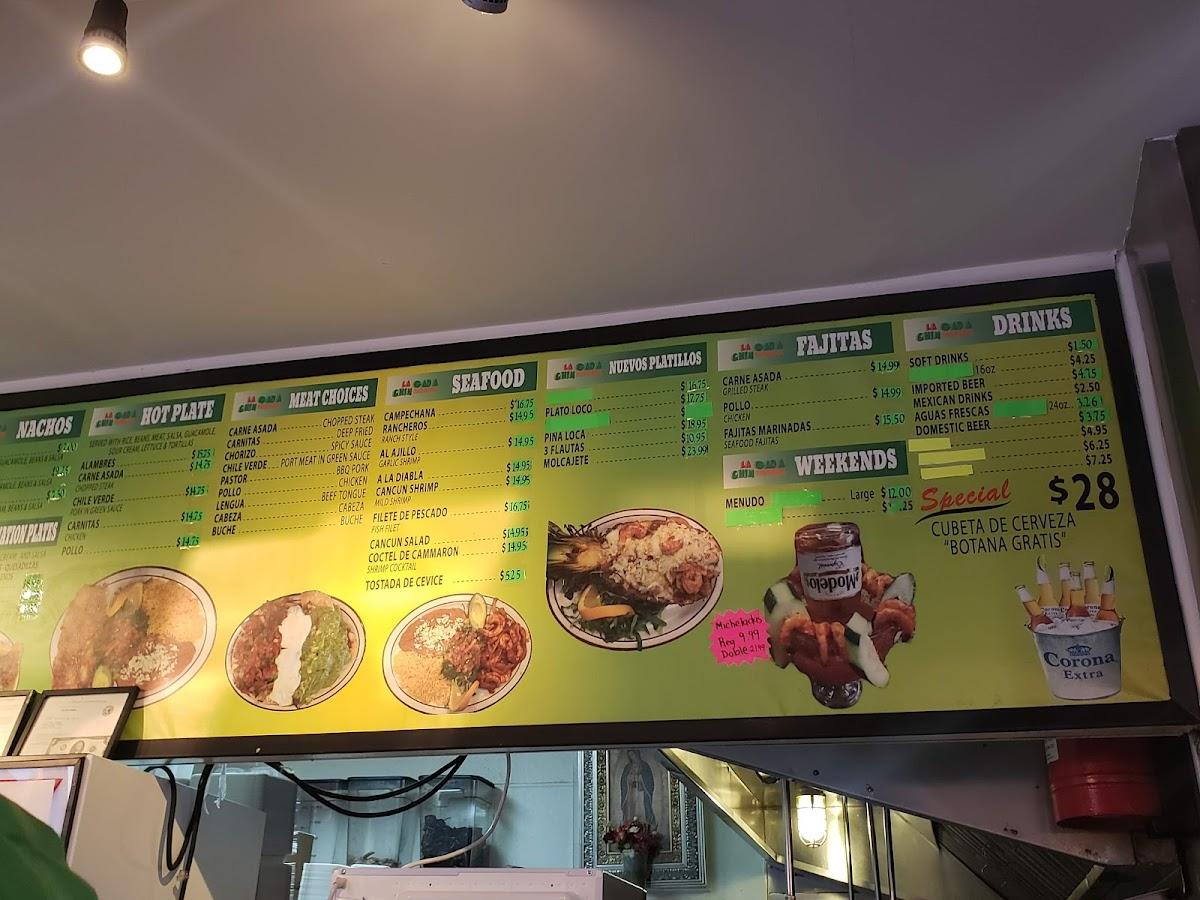 Menu at La Chingada Taqueria restaurant, San Jose