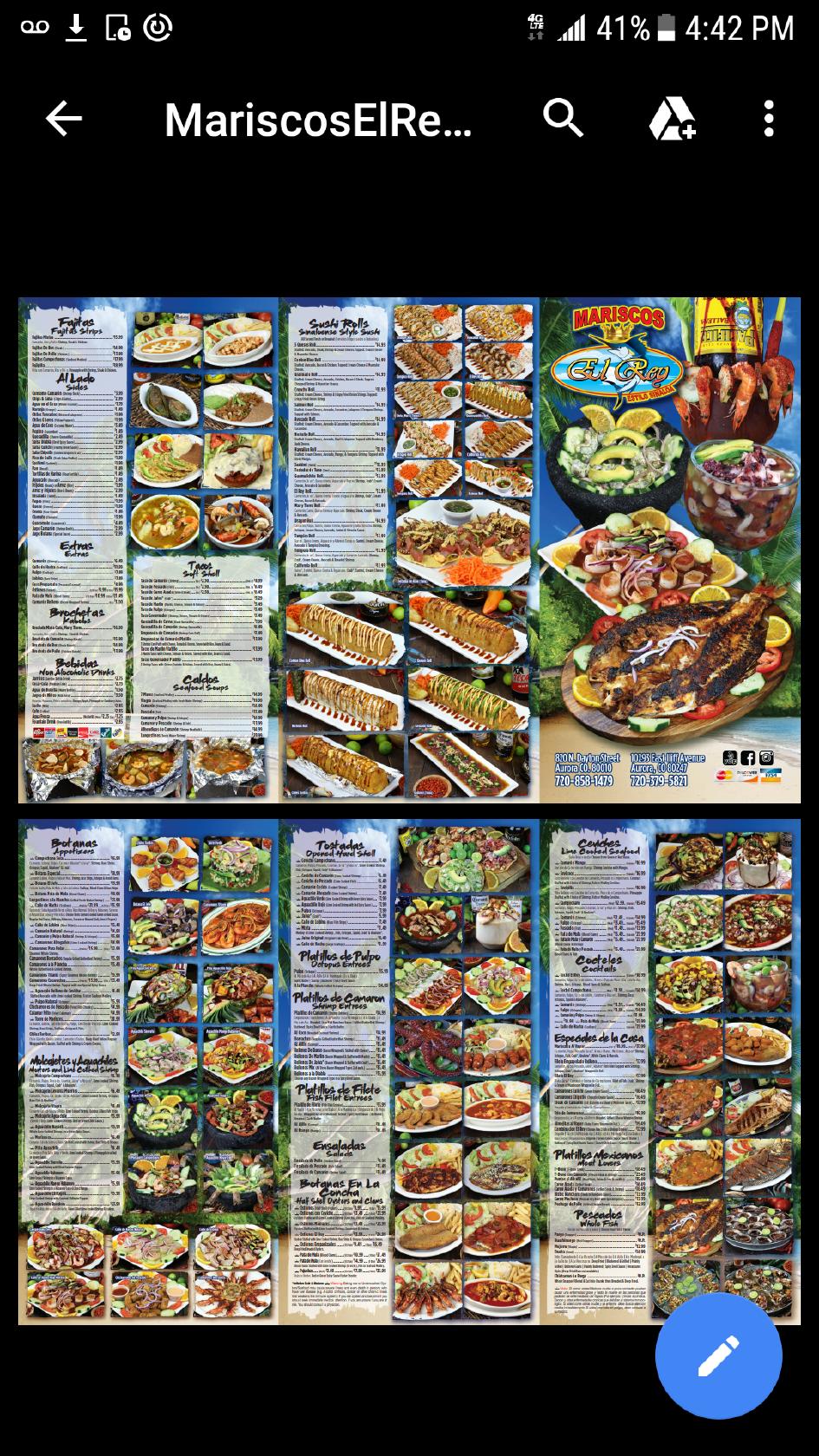 Menu at Mariscos El Rey 2 restaurant, Aurora, E Iliff Ave