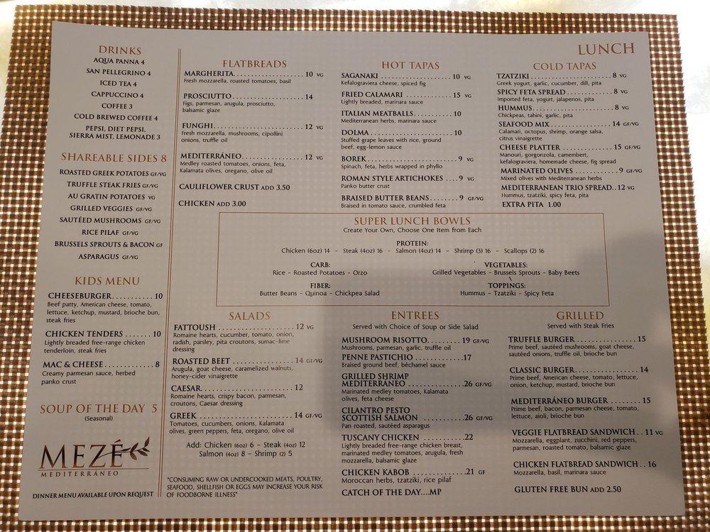 Menu at Mezé Mediterráneo pub & bar, Schaumburg
