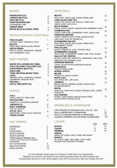 Menu at PERSIA Lounge Grill & Bar, Hove