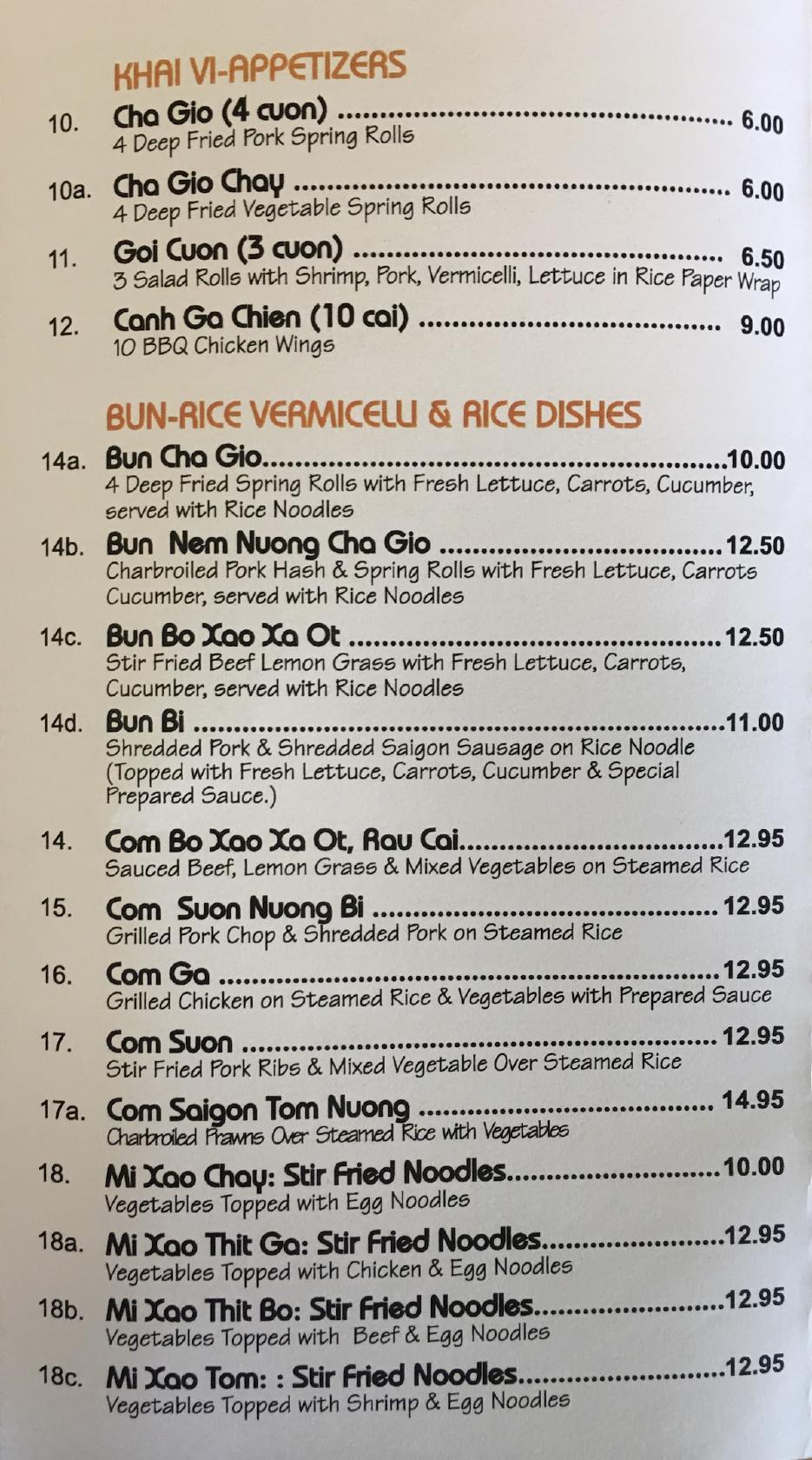 Menu at Saigon Noodle House restaurant, Courtenay
