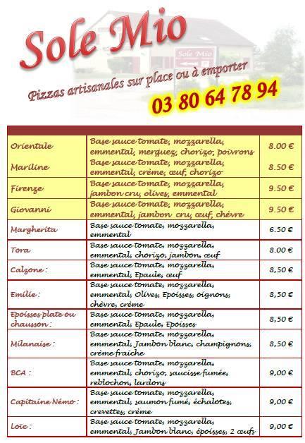 Menu at Solé Mio pizzeria, La Roche-en-Brenil, 80 route de Lyon