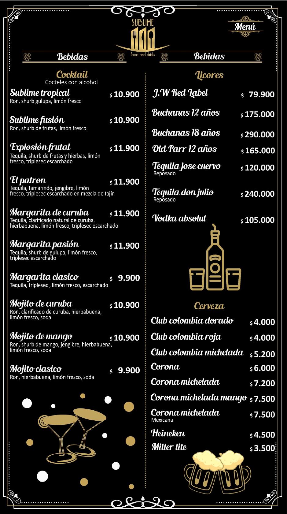 Carta del restaurante Sublime Food and drinks, Mariquita