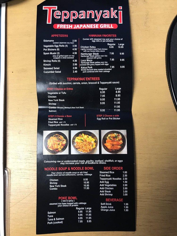 Menu at Teppanyaki restaurant, Elko