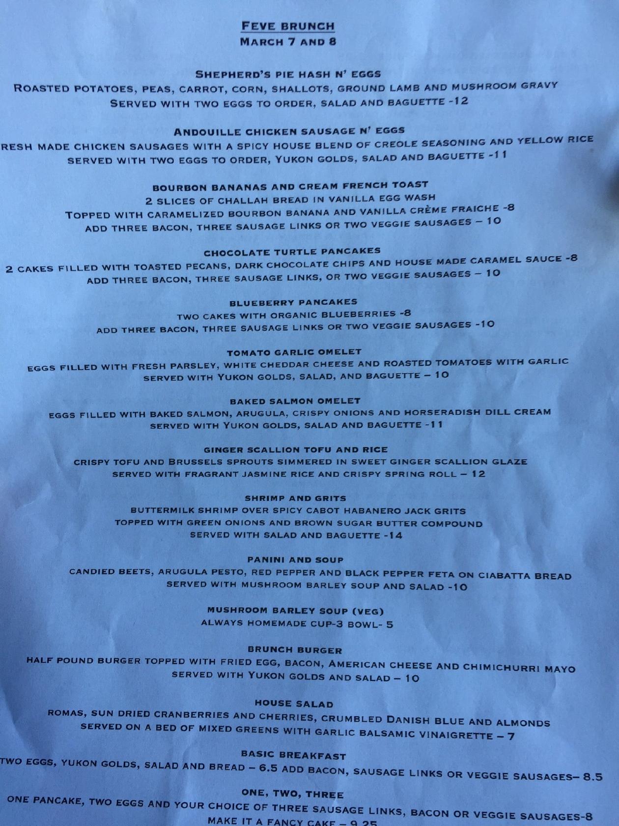 Menu at The Feve pub & bar, Oberlin
