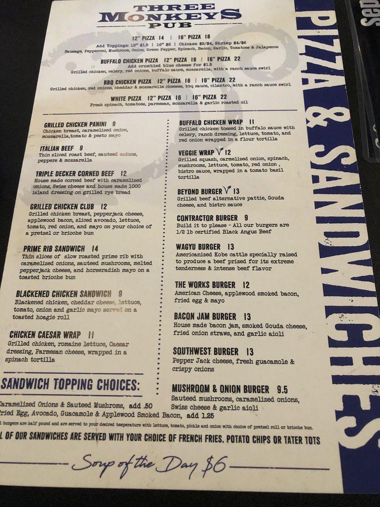 Menu at Three Monkeys Pub, Crown Point, 21 Adams St