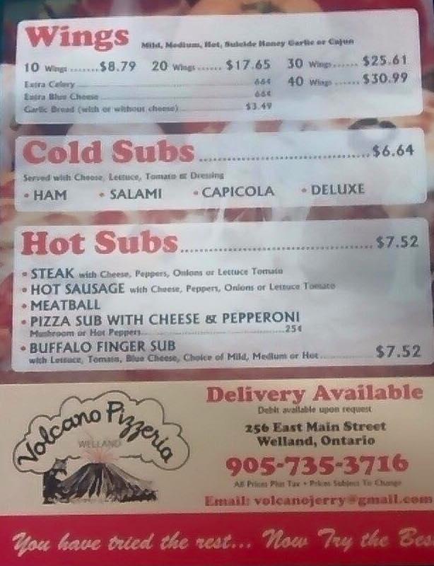 Menu at Volcano Pizzeria, Welland