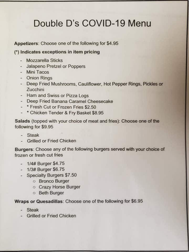 Menu at Double D's Venango Hotel pub & bar, Venango
