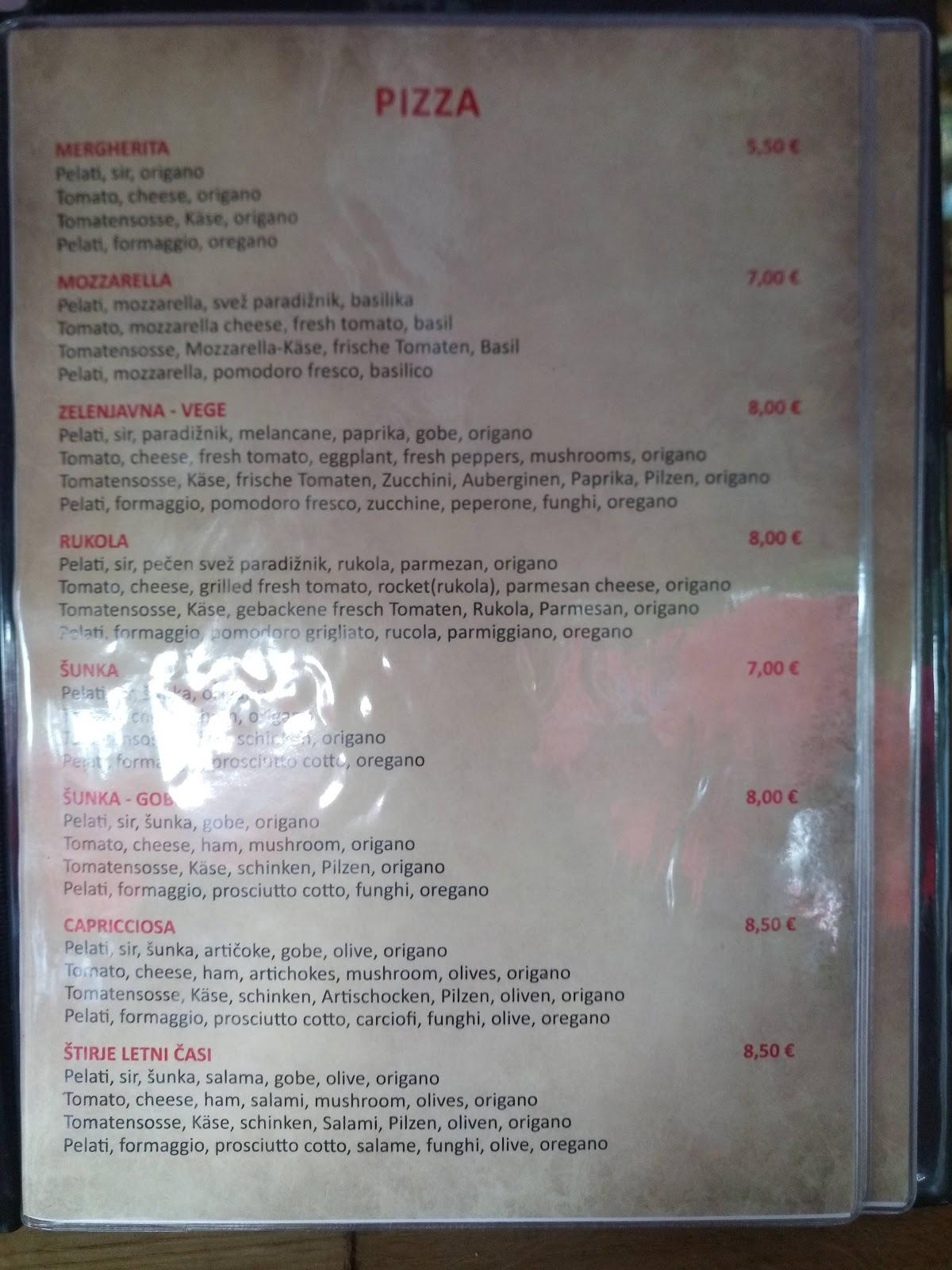 Menu at Pizzeria & spaghetteria Fiesa, Piran