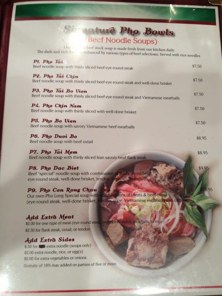 Menu at Pho Long Restaurant, University City, Olive Blvd