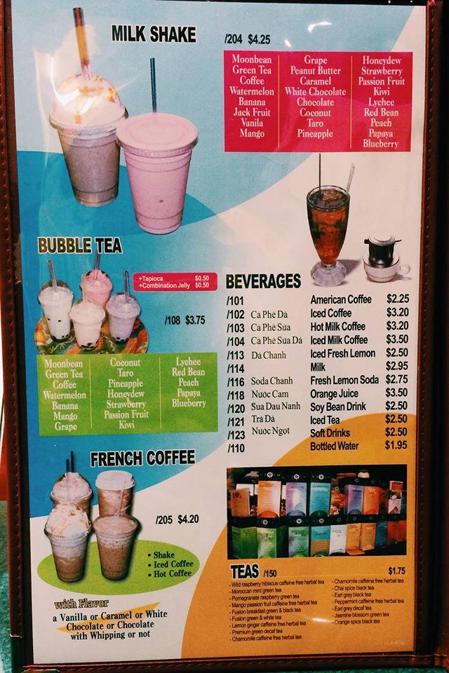 Menu at Pho Tai restaurant, Bremerton