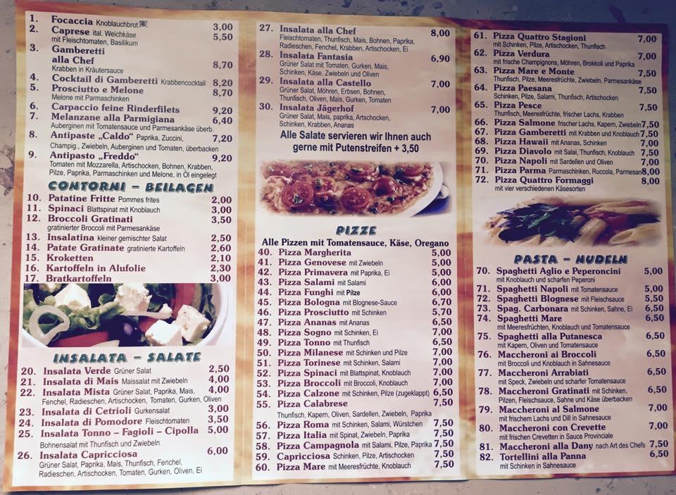 Menu at Pizzeria Jägerhof, Jülich