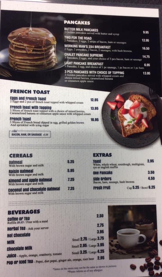 Menu at The Chalet Restaurant, Kitimat