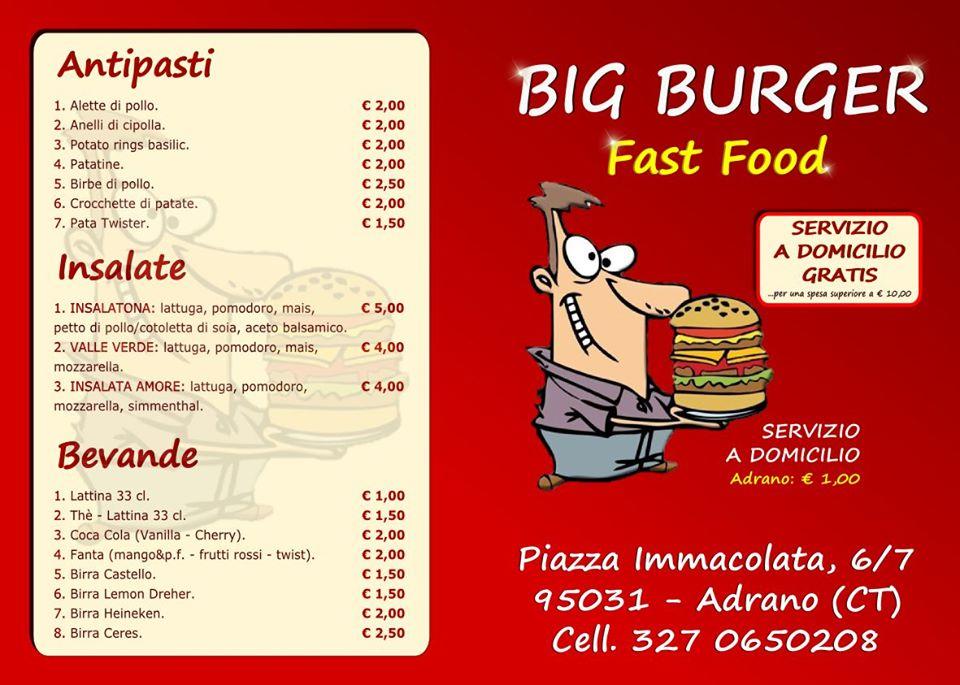 Menu at Big Burger restaurant, Adrano