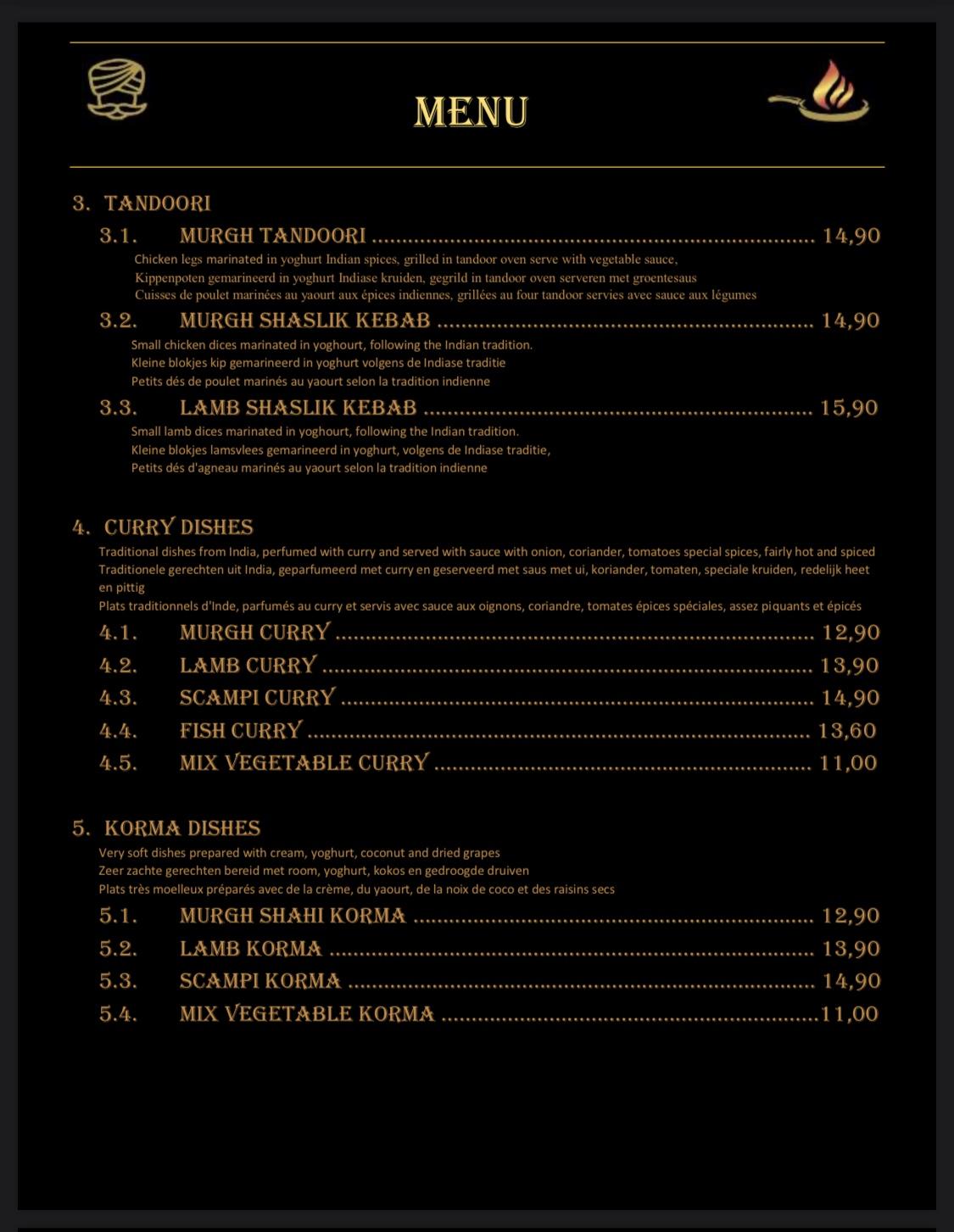 Menu at Curry Masala, Mechelen