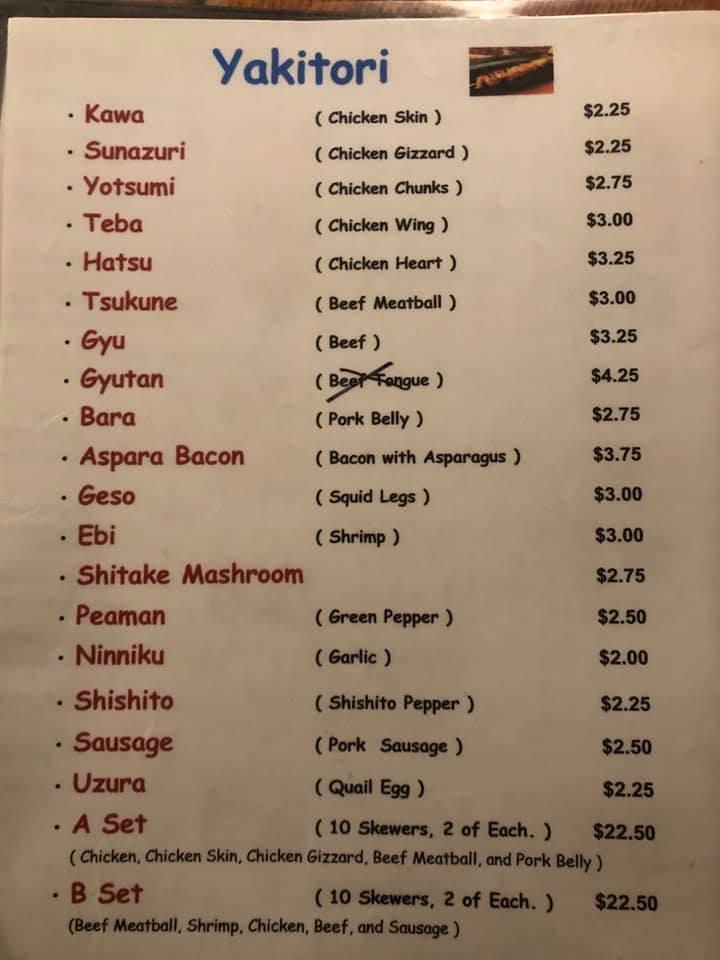 Menu at Oh Taisho restaurant, New York City