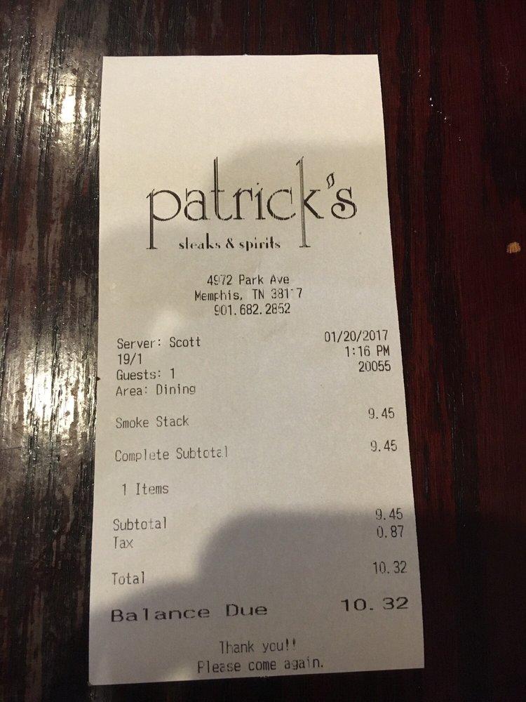 Menu at Patrick's pub & bar, Memphis