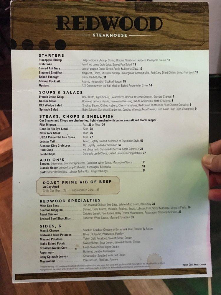 Menu at Redwood Steakhouse, Las Vegas