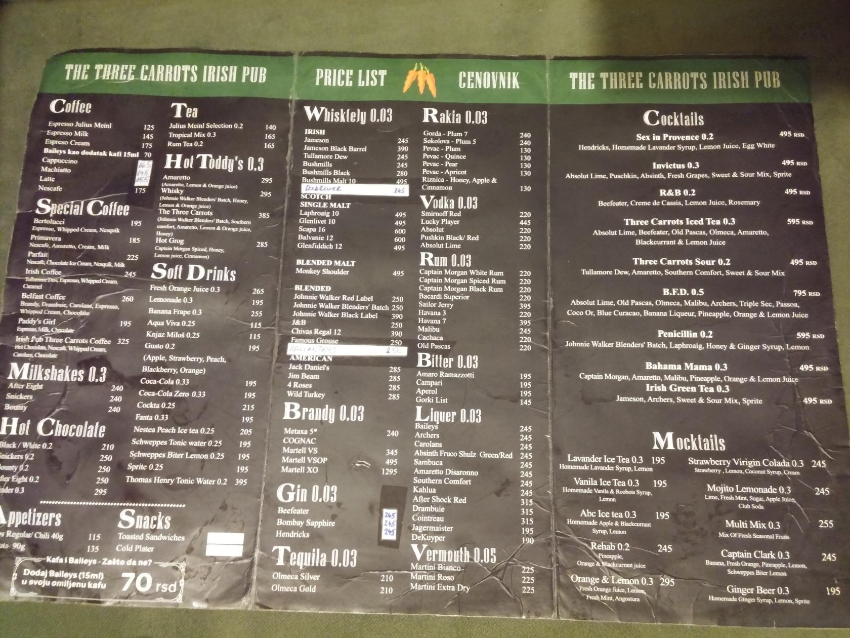 Menu at The Three Carrots IRISH PUB, Belgrade
