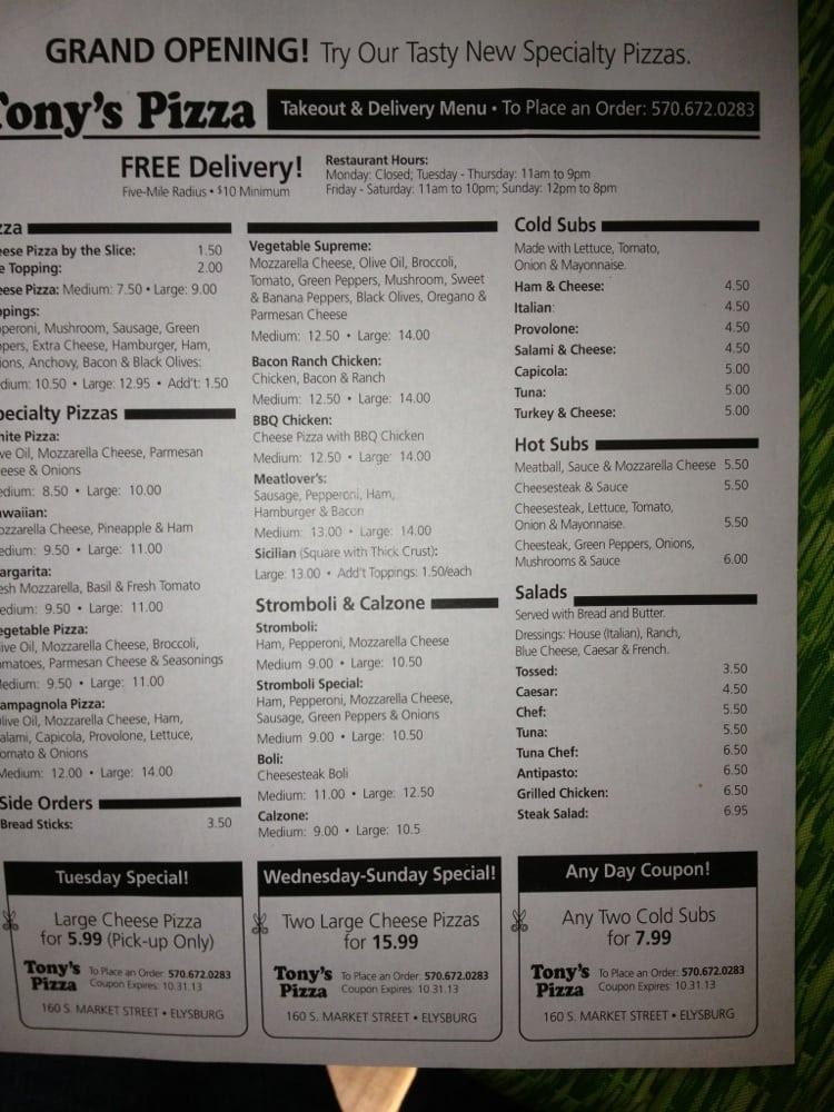 Menu at Tony's Pizza pizzeria, Elysburg