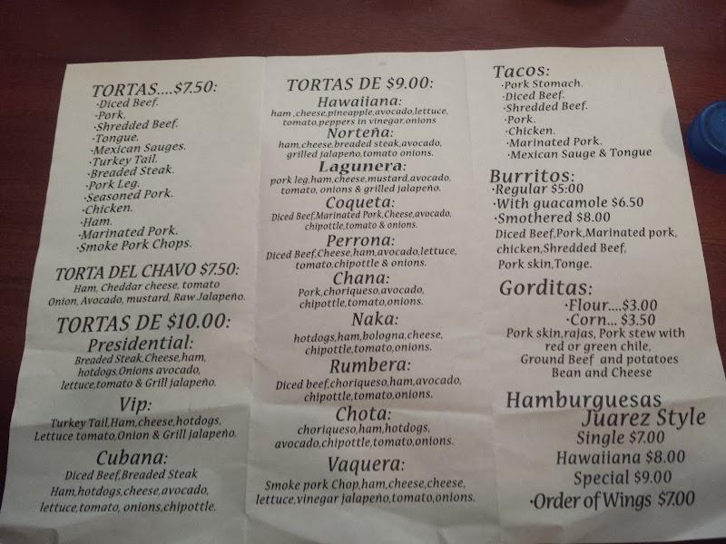 Menu at Tortas ATM restaurant, Denver