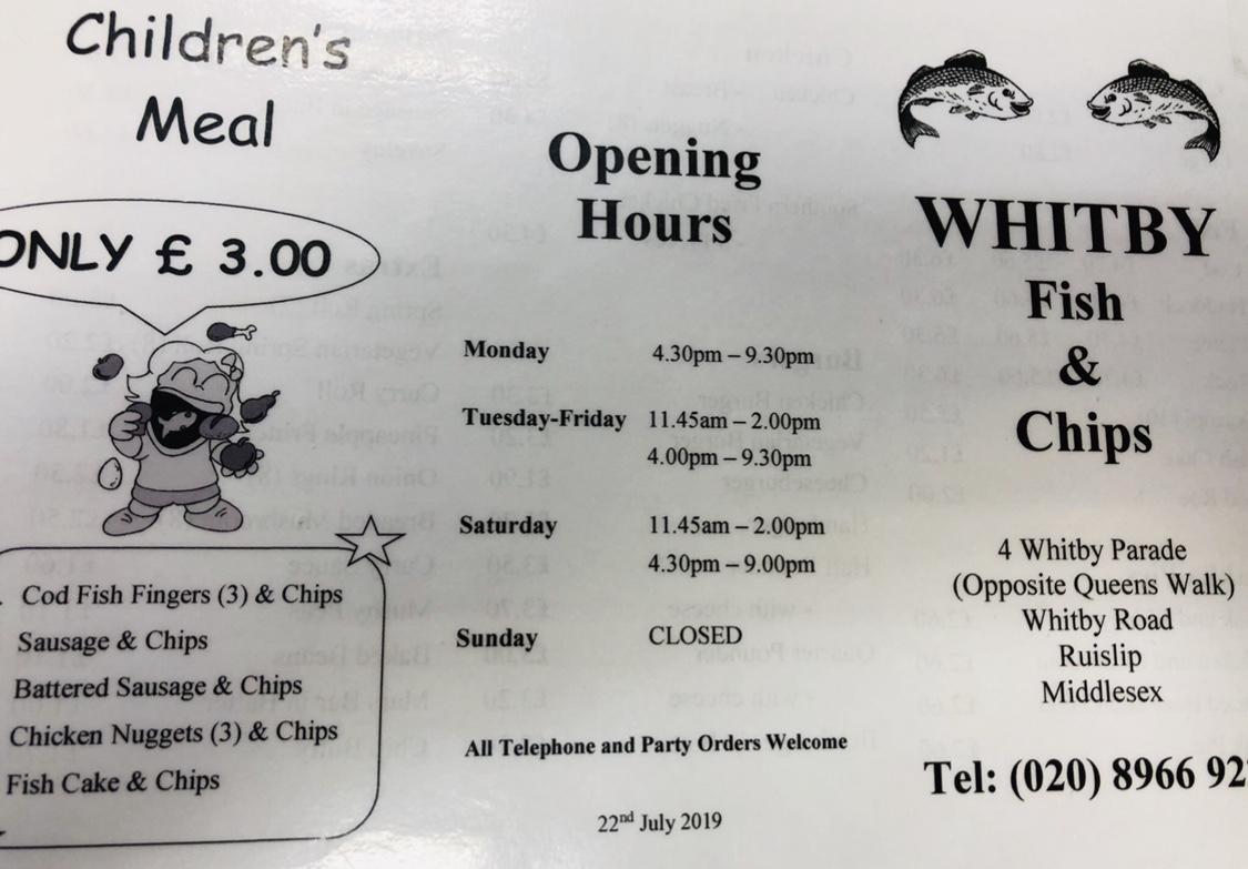 Menu at Whitby Fish Bar, Ruislip