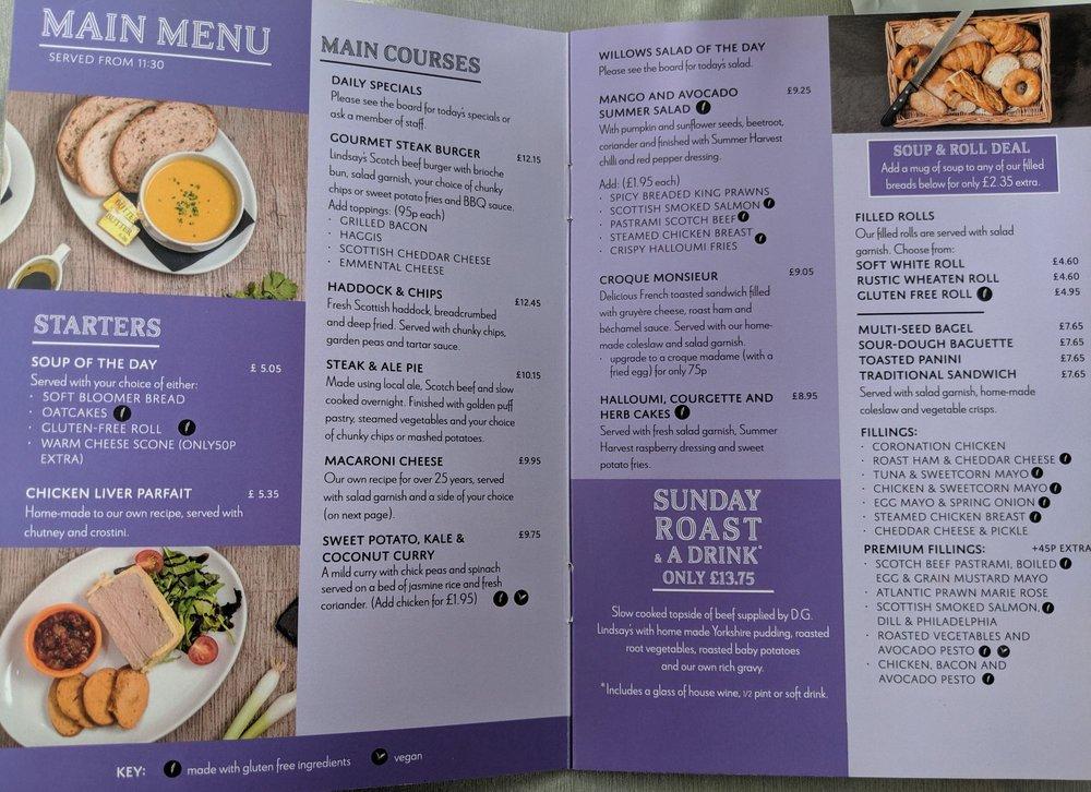 Menu at Willows cafe, Perth