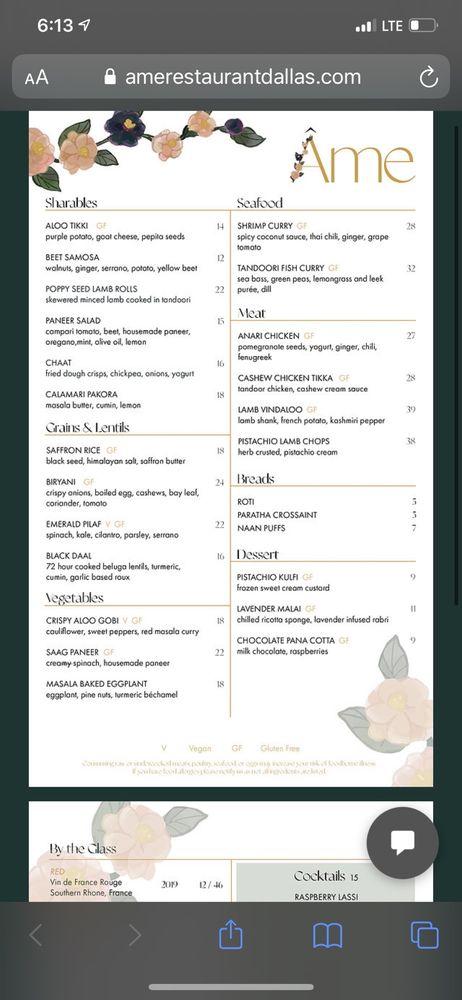 Menu at Ame restaurant, Dallas, 418 N Bishop Ave