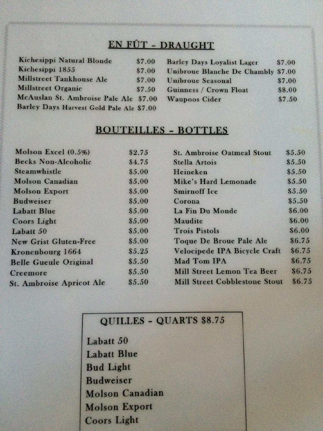 Menu at Chez Lucien pub & bar, Ottawa