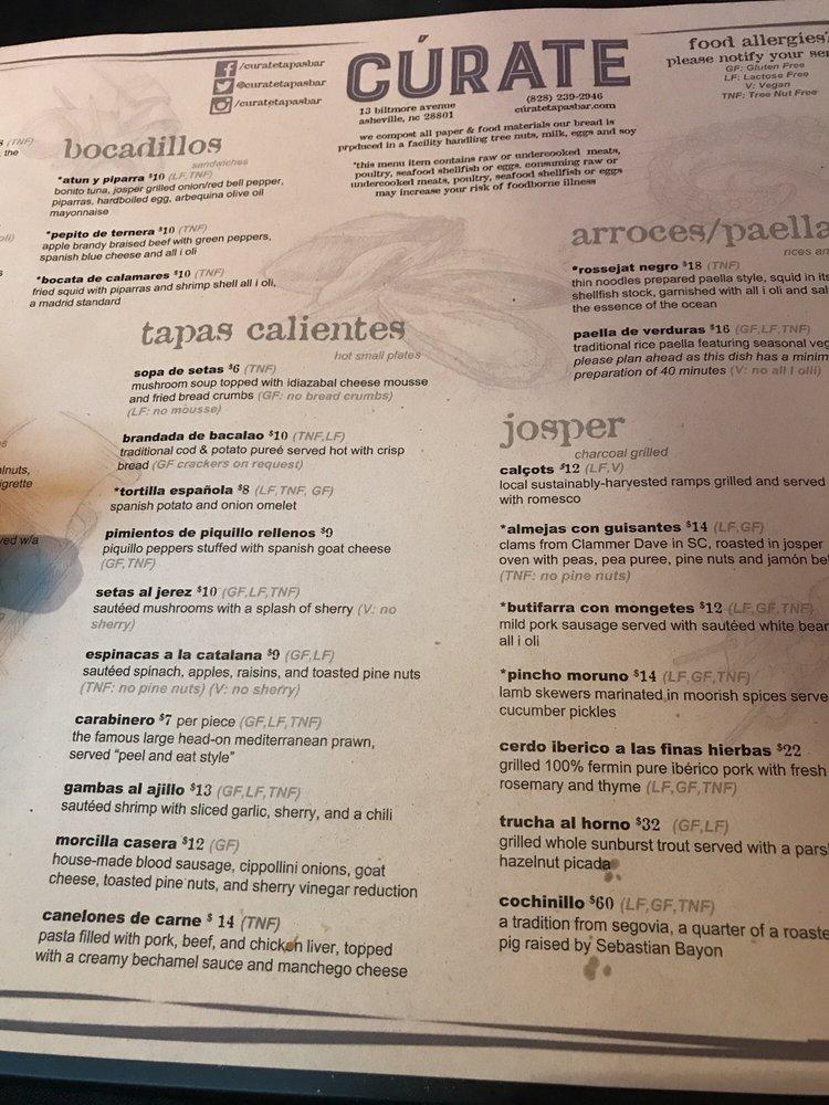 Menu at Cúrate pub & bar, Asheville