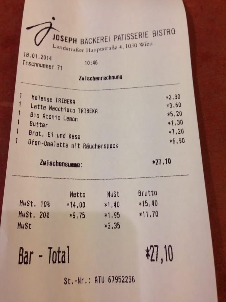 Menu at Joseph Brot cafe, Vienna, Landstraßer Hauptstraße 4