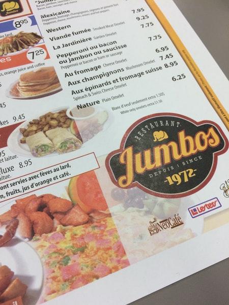 Menu at Jumbo Restaurant, Montréal