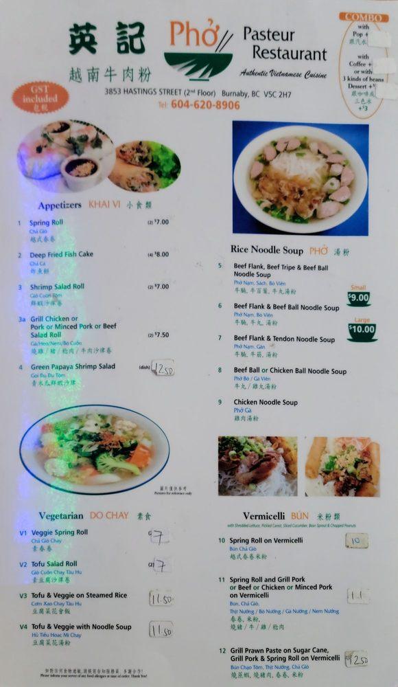 Menu at Phở Pasteur Restaurant, Burnaby
