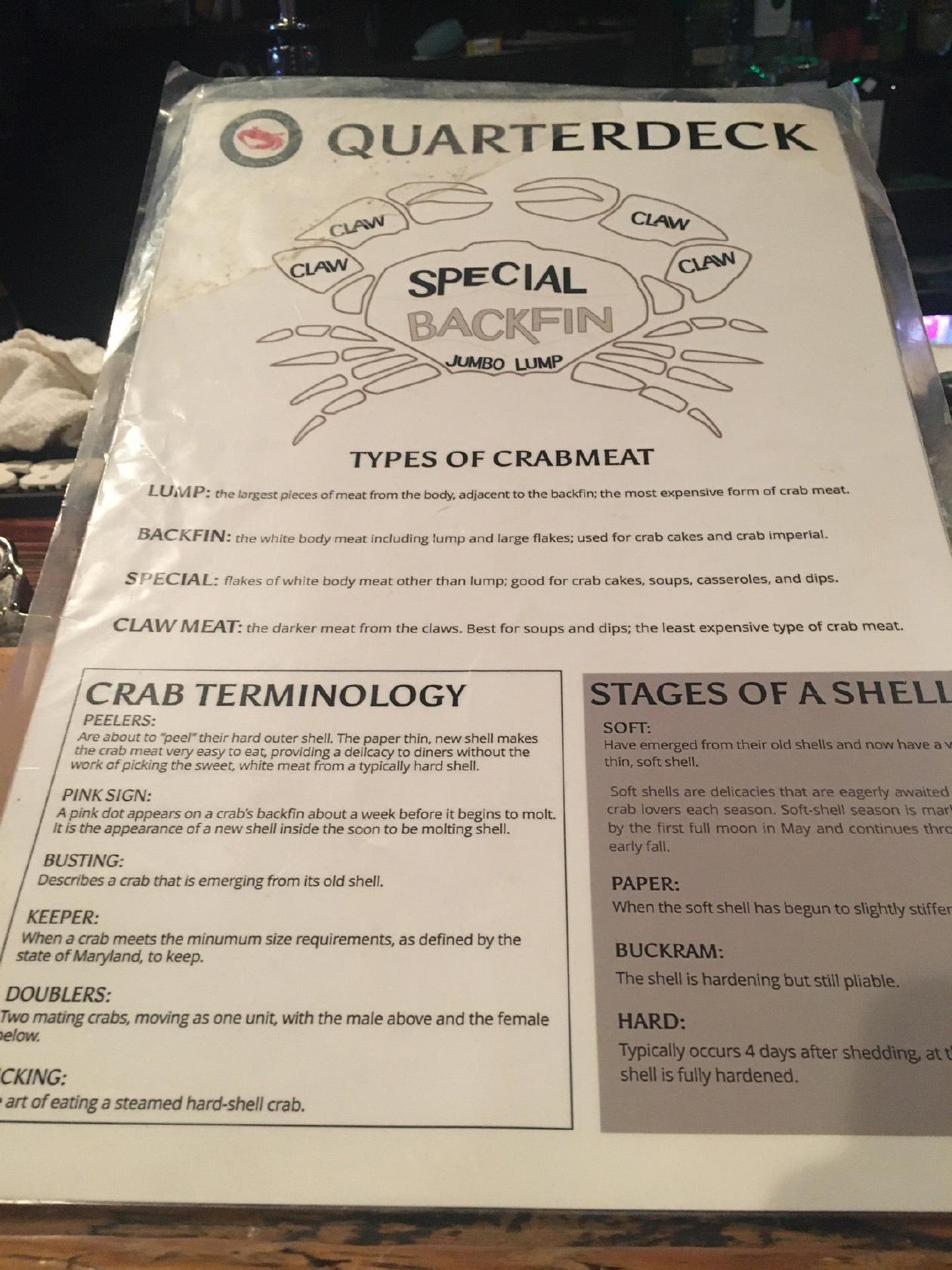 Menu at Quarterdeck restaurant, Arlington