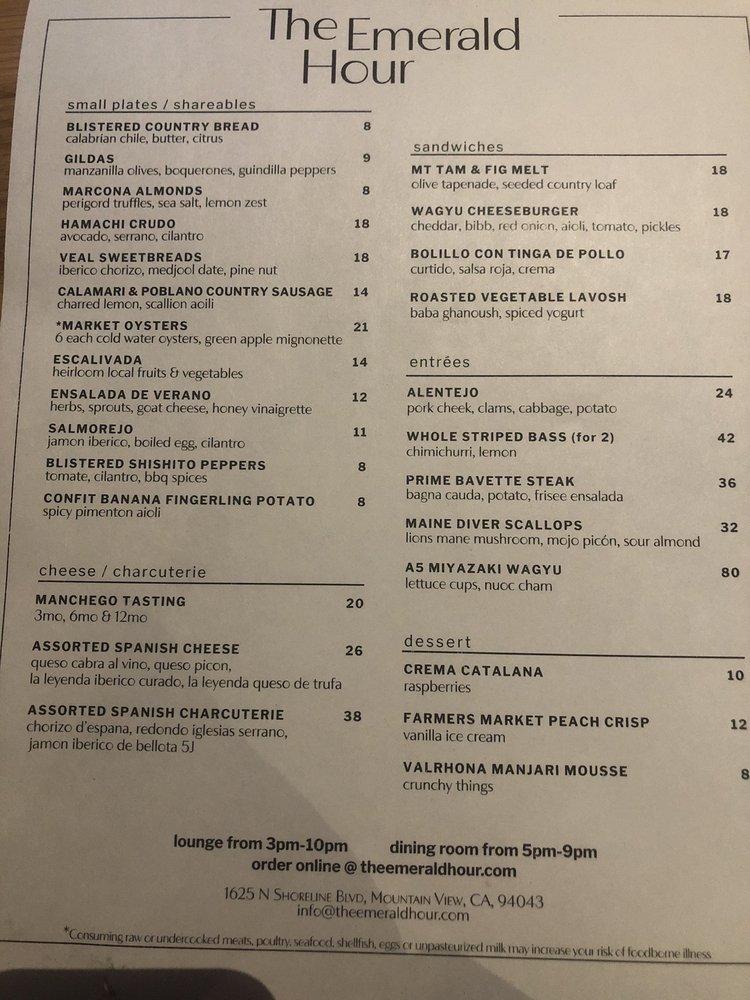 Menu at The Emerald Hour pub & bar, Mountain View, N Shoreline Blvd