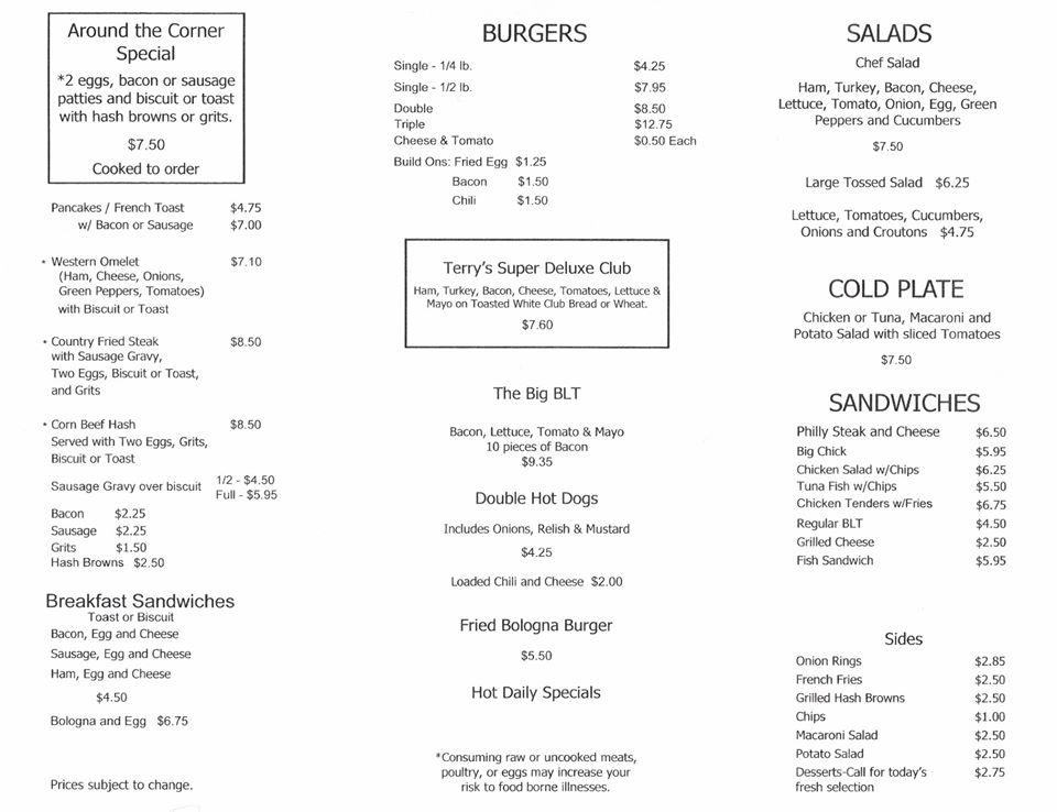 Menu at Around the Corner restaurant, Glen Allen