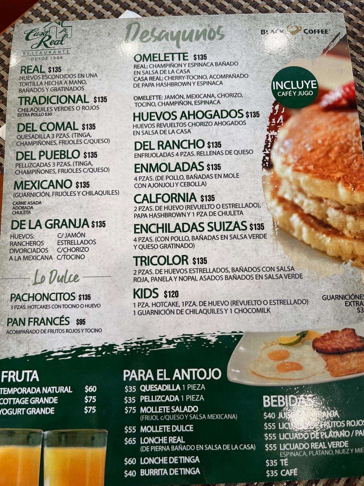 Menu at Casa real restaurant, Guadalajara, Av. México 3300