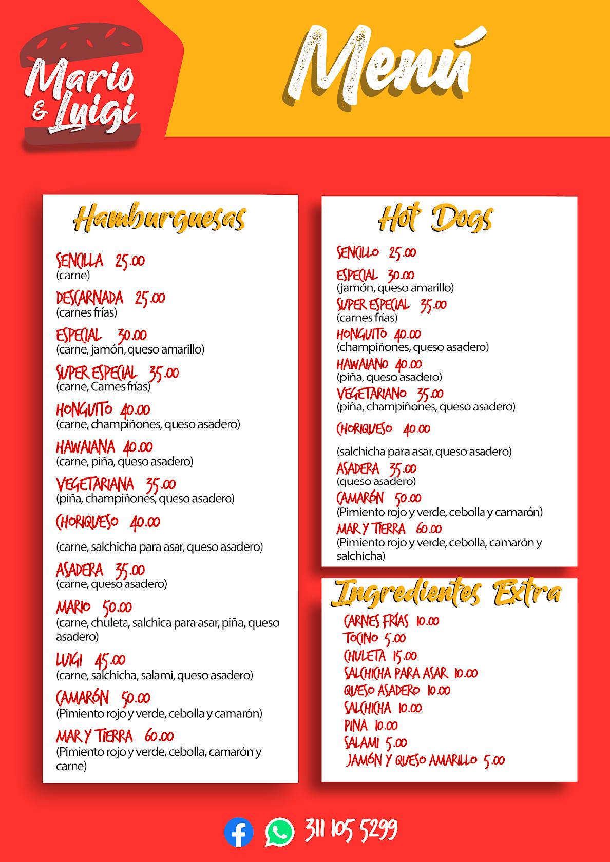 Menu at LUIGI Y MARIO BURGERS restaurant, Tepic