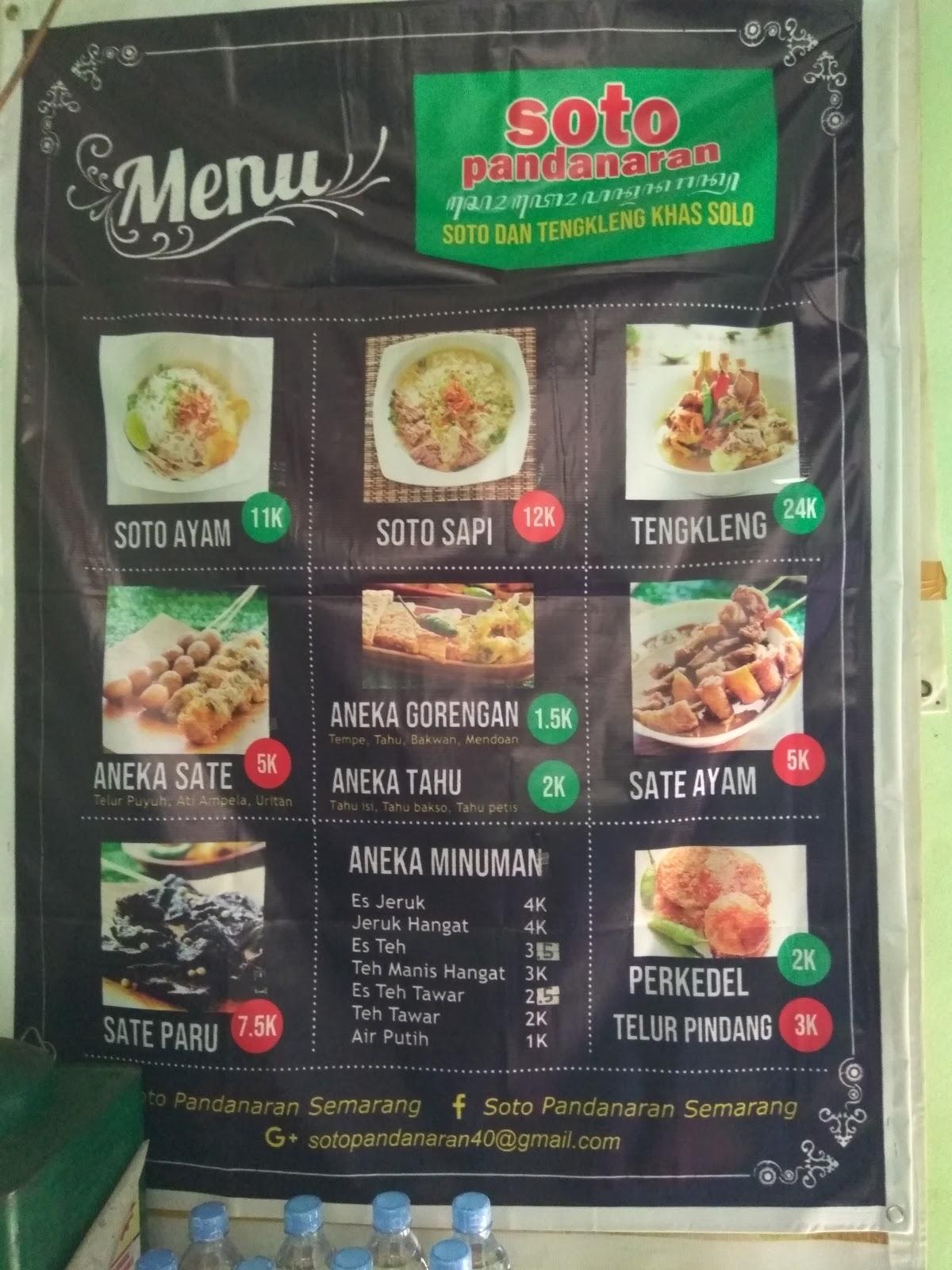 Menu at Soto Pandanaran restaurant, Semarang, Ruko Permata
