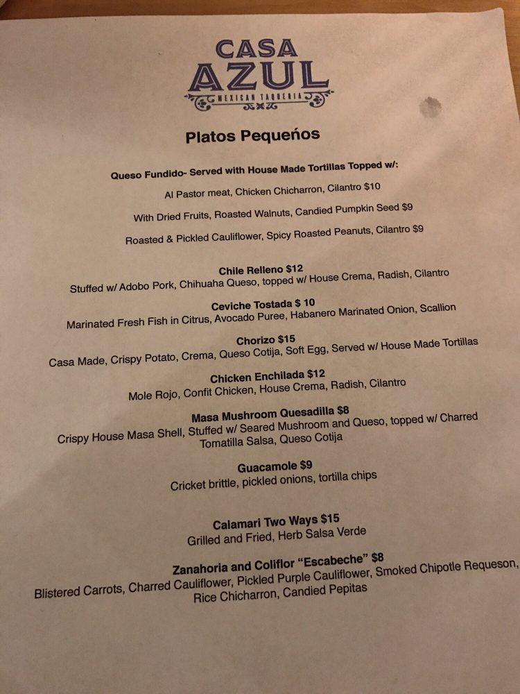 Menu at Casa Azul restaurant, Buffalo, 191 Allen St