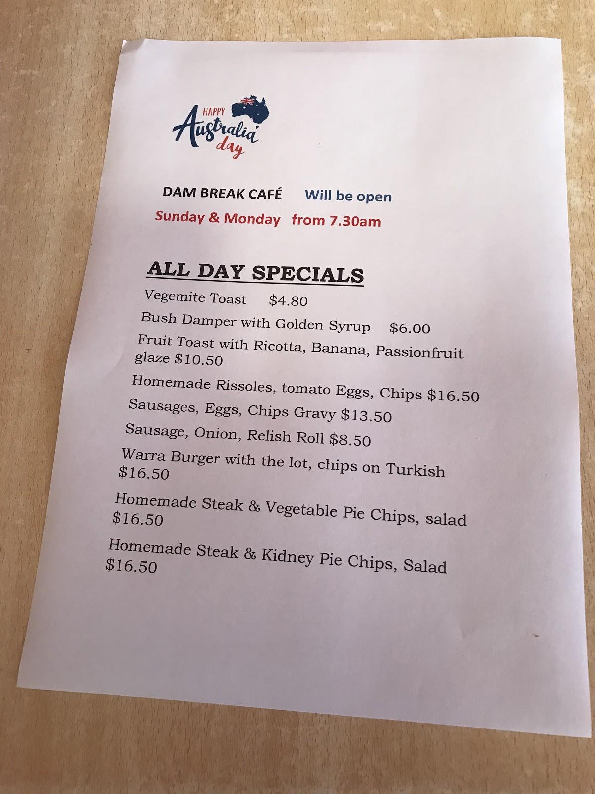 Menu at Dam Break Cafe, Warragamba
