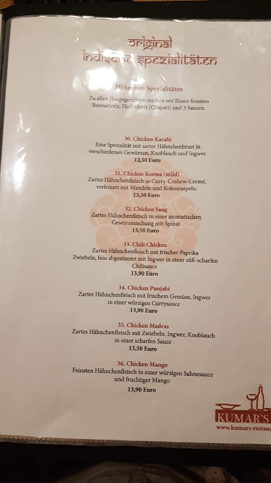 Speisekarte von Kumar`s Restaurant, Rheinbach