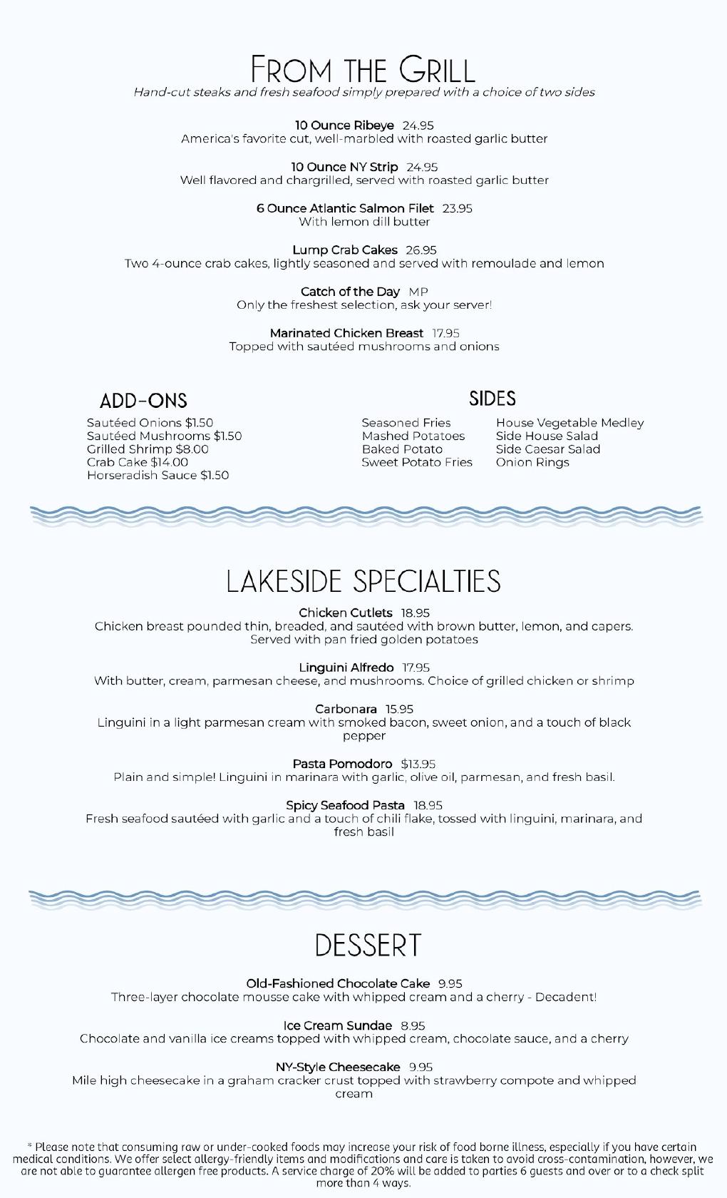 Menu at Lakeside Restaurant, Lake Monticello