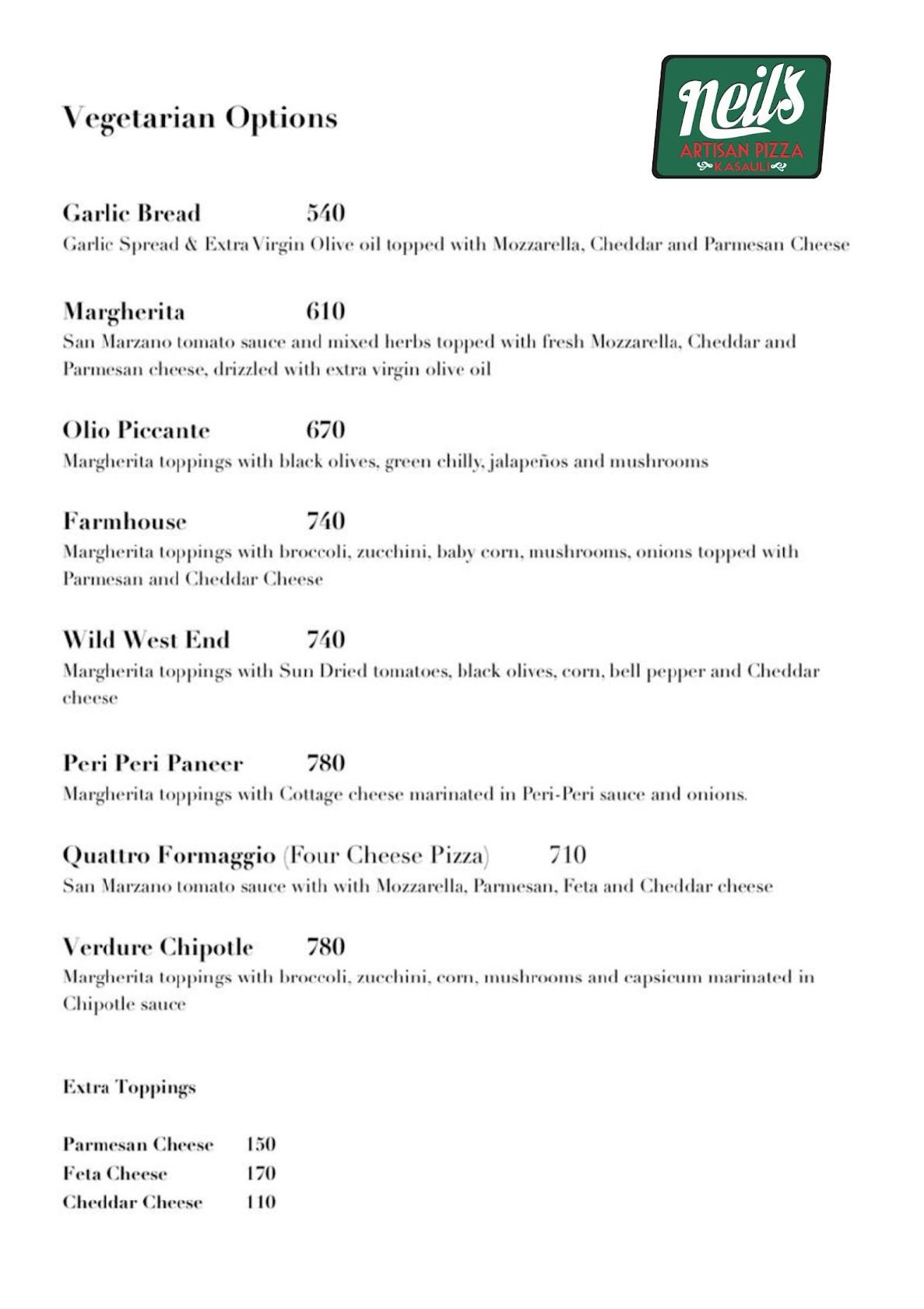 Menu at Neil's Artisan Pizza, Kasauli