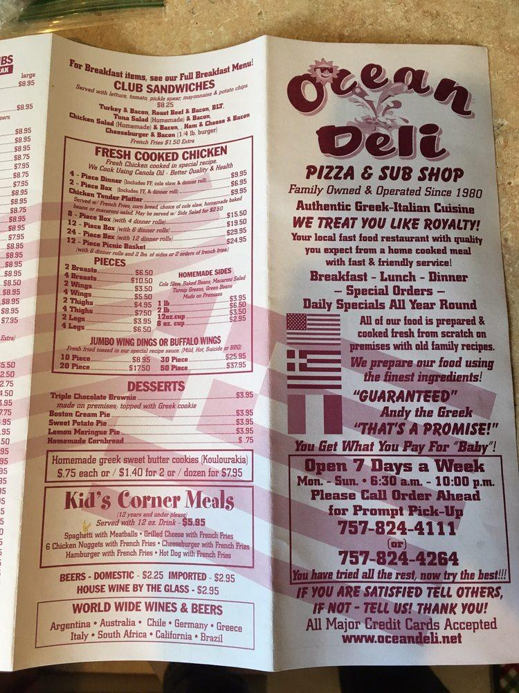 Menu at Ocean Deli pizzeria, Wallops Island