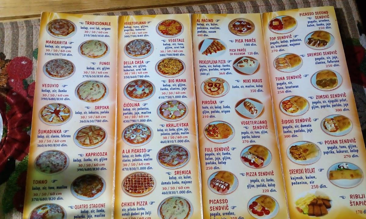 Menu at Picasso restaurant, Šid, Državni put IIA reda 120